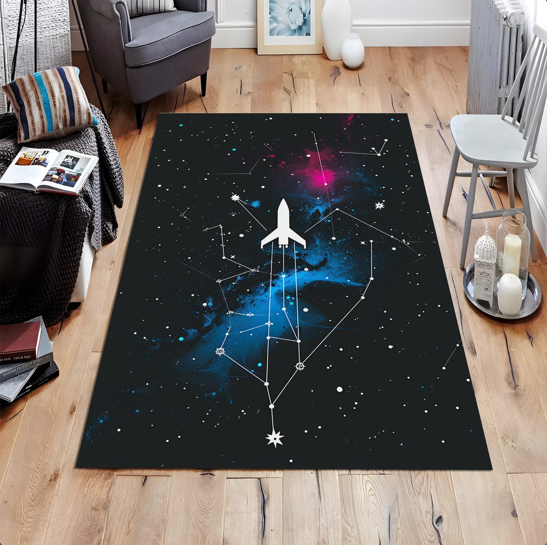 Airplane and Stars Design Rug, Nursery Rug, Adventure Rug, Celestial ...