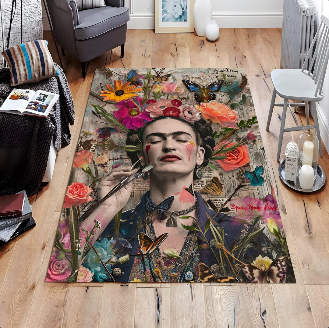 Vibrant Frida Kahlo Floral Exotic Portrait Printed Rug • Machine ...
