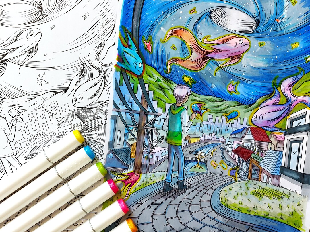 City of Fish: A3 Printable Colouring Page, 4 Instant Download Pages ...