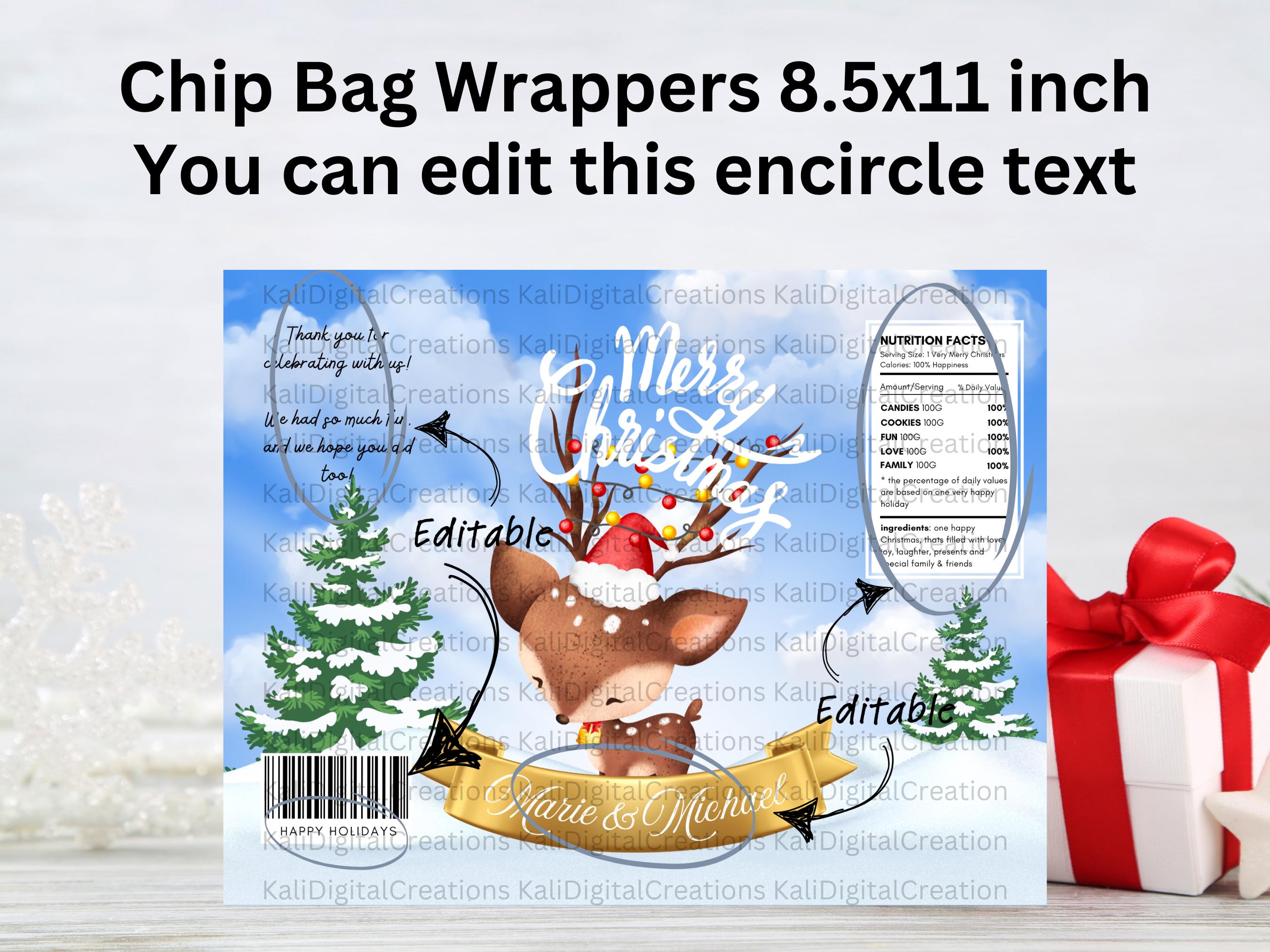 Editable Reindeer Snowy Snow Christmas Chip Bag Template Canva Wrapper ...