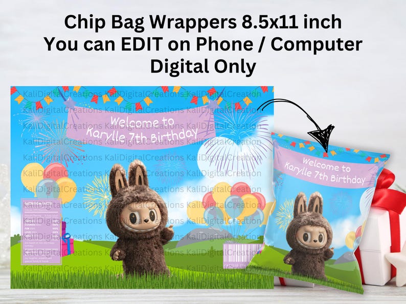 Labubu-inspired Birthday Chip Bag Template | Editable Canva Design ...