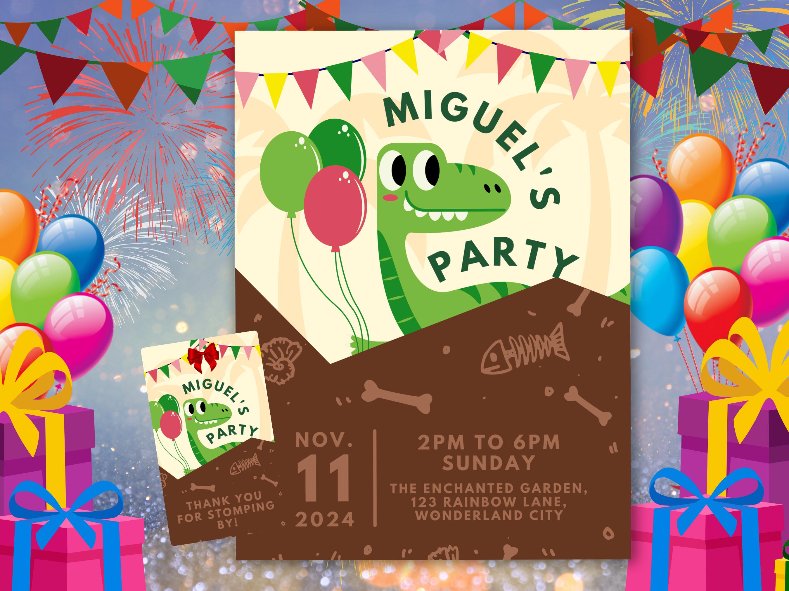 Editable Dinosaur Birthday Invitation With Fossils & Balloons | Canva ...