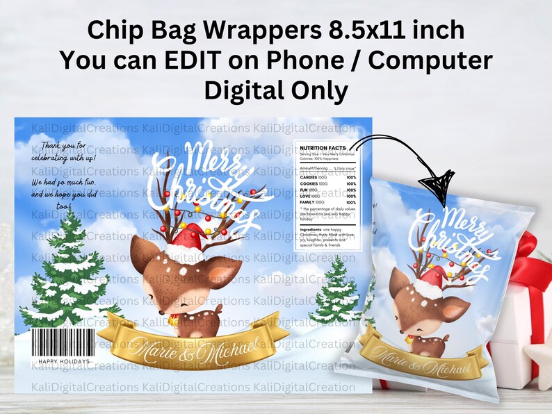 Editable Reindeer Snowy Snow Christmas Chip Bag Template Canva Wrapper ...
