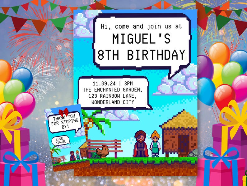 Editable Pixel Art Retro Video Game Style Birthday Invitation for ...