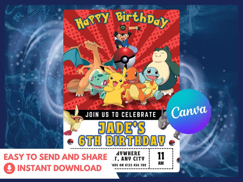 Pokemon Invitation Editable Invitation Kids Birthday Invite Pokemon ...