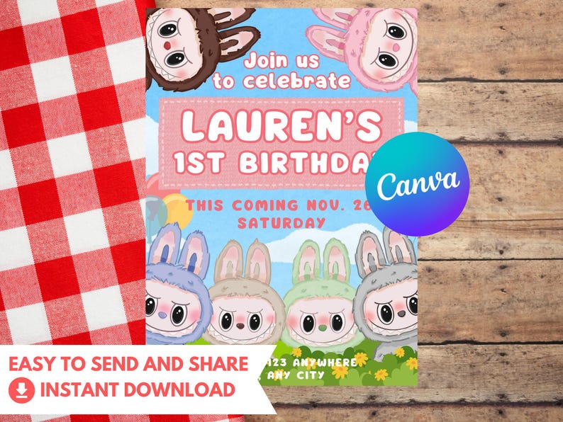 Labubu-inspired Birthday Invitation Template | Editable Canva Design ...