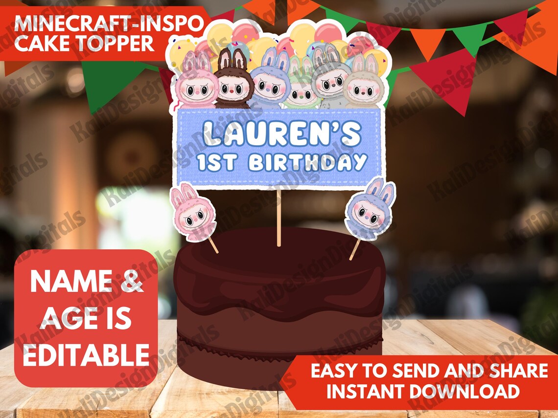 Labubu-inspired Birthday Cake Topper Template | Editable Canva Design ...