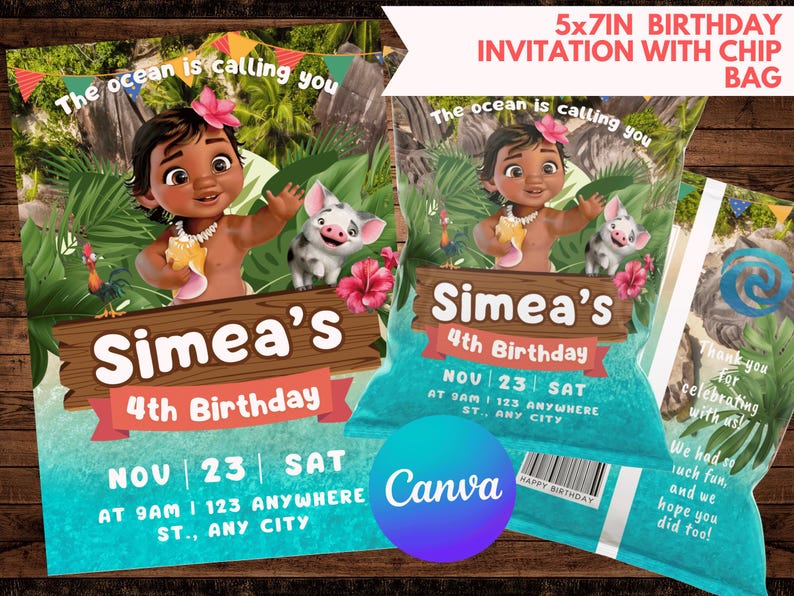 Canva Baby Moana Birthday Invitation Editable Digital Hawaiian Moana ...