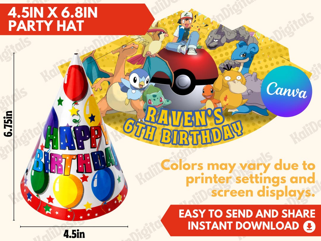 Pokemon Party Hat | Editable Party Hat Kids Birthday Hat Pokemon Party ...
