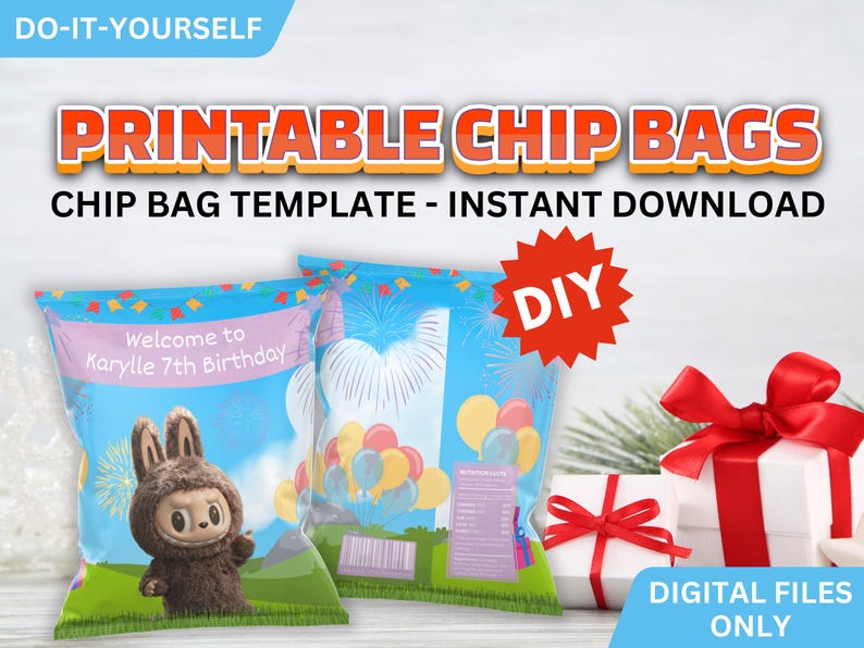 Labubu-inspired Birthday Chip Bag Template | Editable Canva Design ...