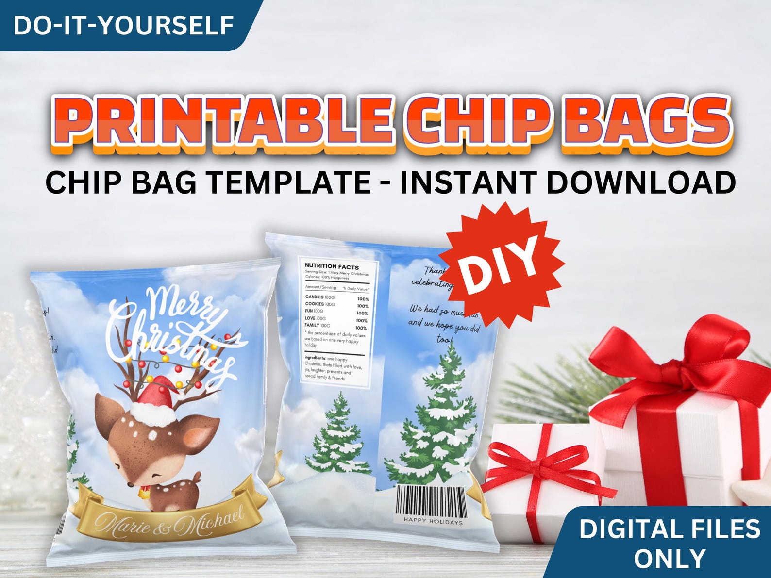 Editable Reindeer Snowy Snow Christmas Chip Bag Template Canva Wrapper ...