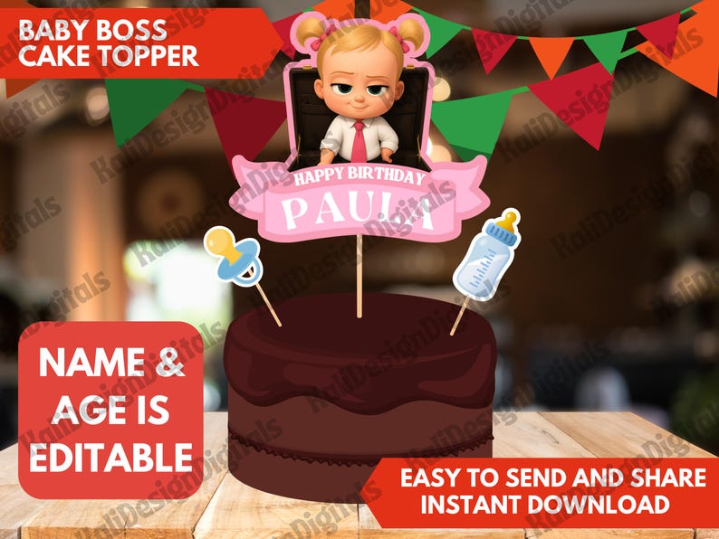 Baby Boss Pink Girl Birthday Party Cake Toppers Personalized Printable ...