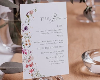 Bar Menu Sign, Printable Wedding Sign, Floral Drinks Menu Template ...