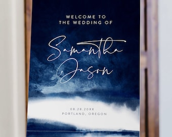 Navy Blue Watercolor Wedding Welcome Sign Template (digital Download ...
