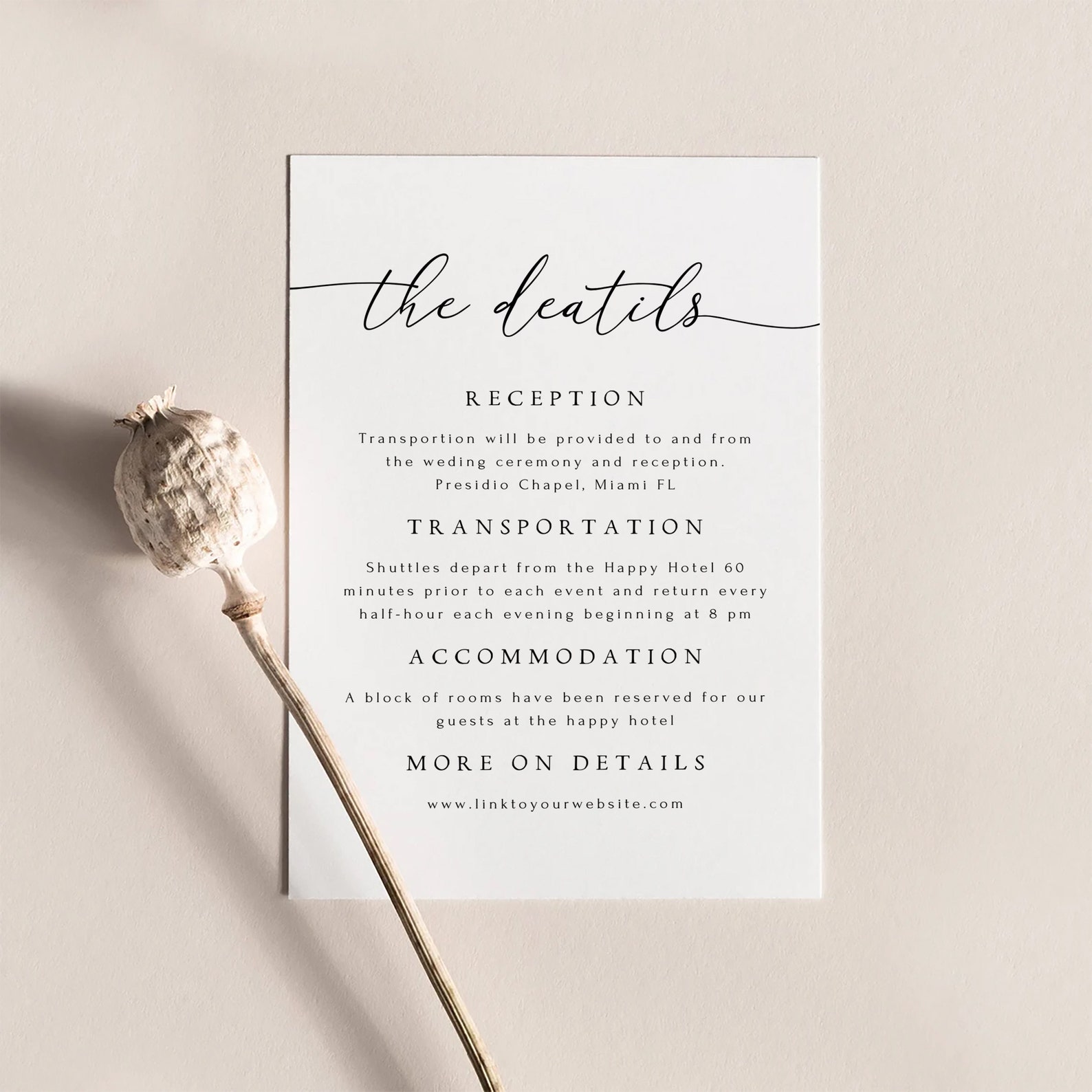 Elegant Enclosure Card Template, Calligraphy Wedding Invitation Insert ...