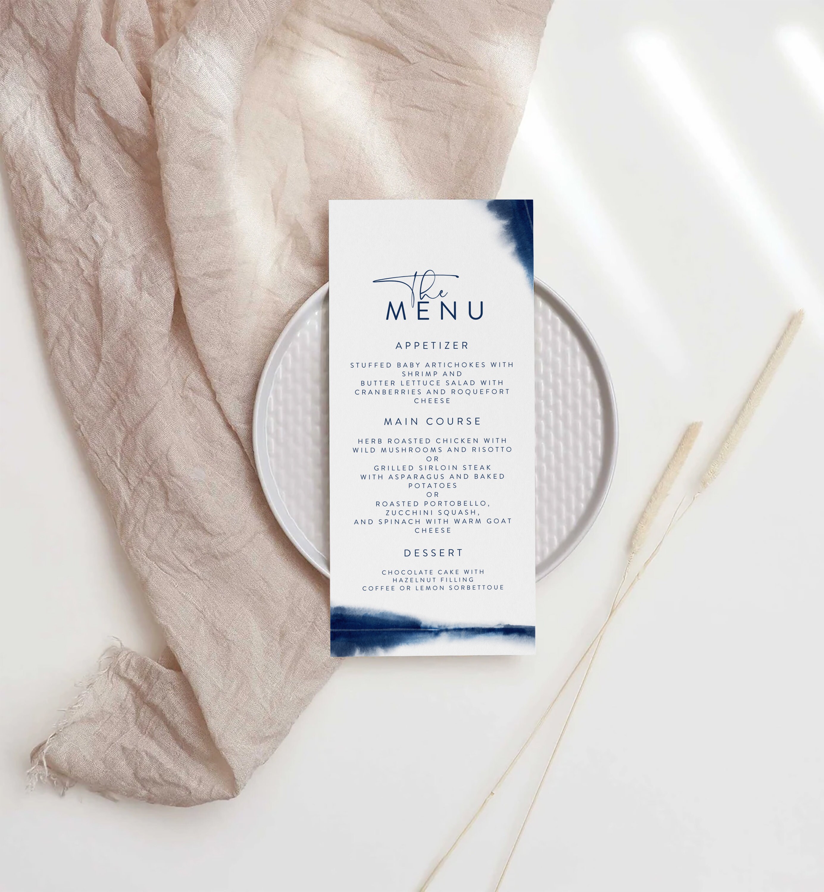 Navy Blue Watercolor Wedding Menu Template, Modern Wedding Menu, Long ...