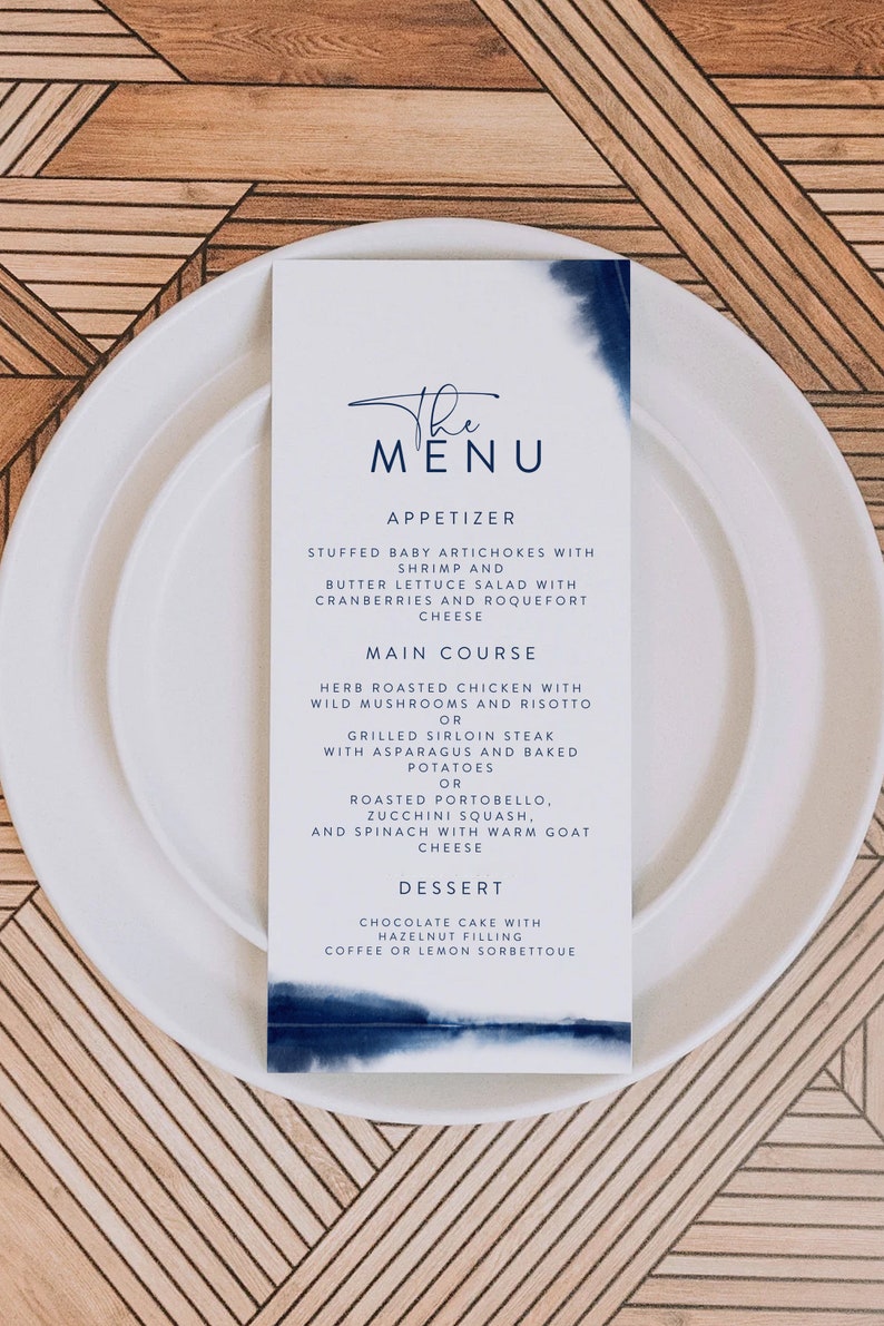 Navy Blue Watercolor Wedding Menu Template, Modern Wedding Menu, Long ...