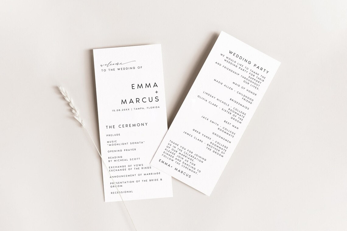 Minimalist Wedding Program Template, Simple Order of Service, Modern ...