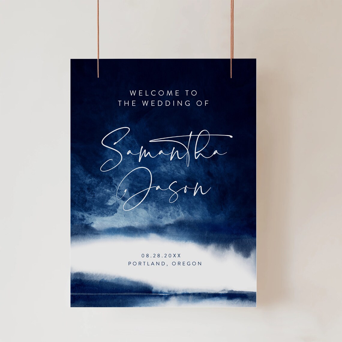 Navy Blue Watercolor Wedding Welcome Sign Template, Blue Watercolor ...
