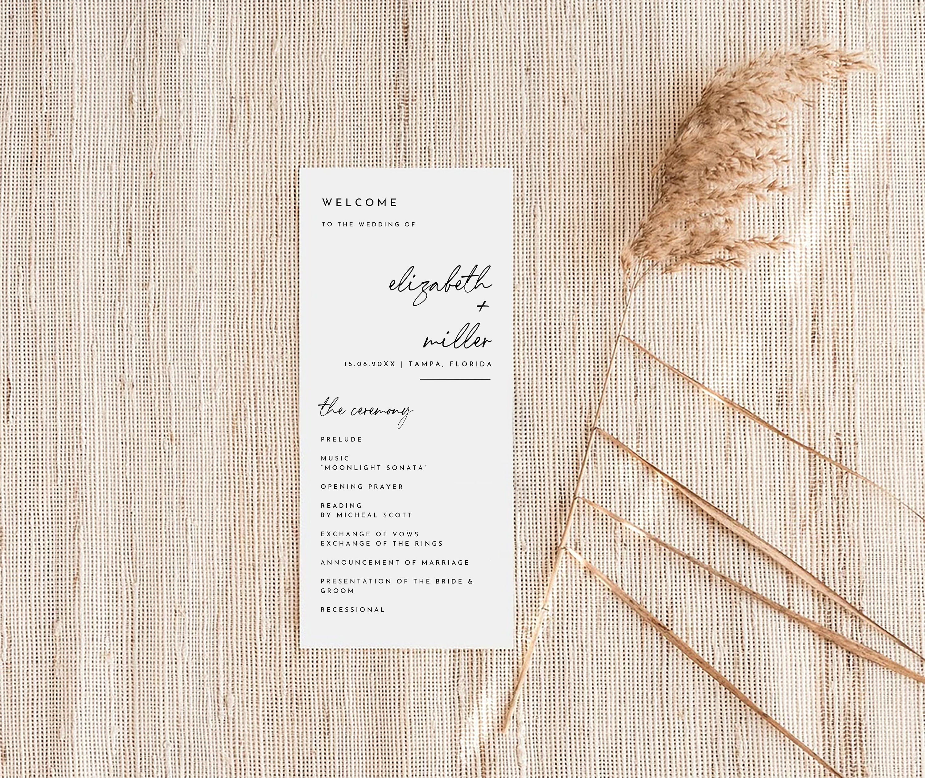 Minimalist Wedding Program Template, Simple Order of Service, Modern ...