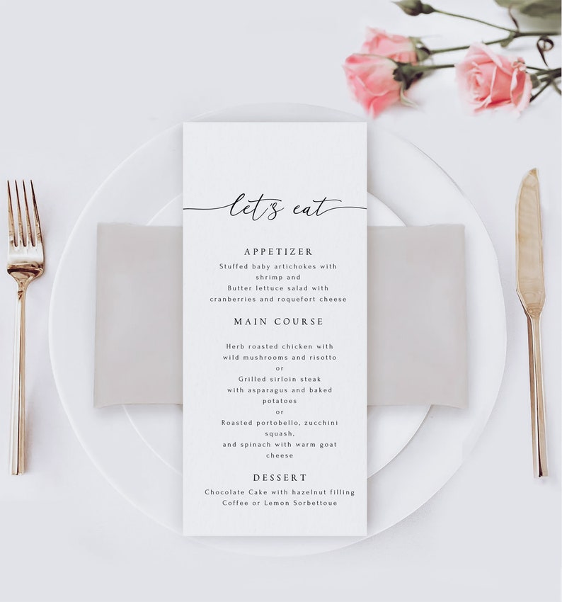 Elegant Wedding Menu Template, Printable Menu, Calligraphy Menu ...
