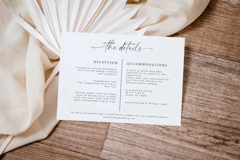 Boho Details Card Template, Wedding Invitation Enclosure Card Printable, Modern Minimalist ...