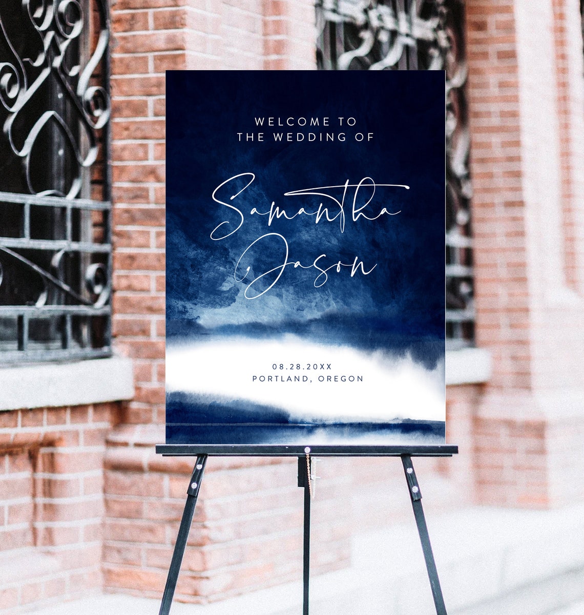 Navy Blue Watercolor Wedding Welcome Sign Template, Blue Watercolor ...