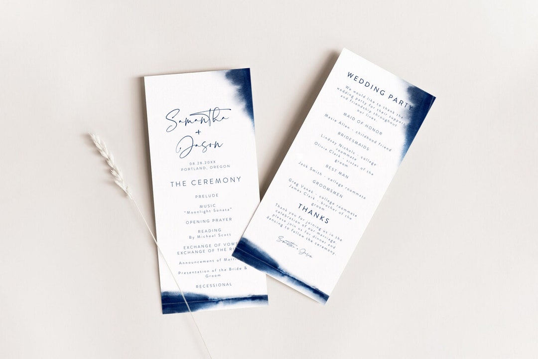 Navy Blue Watercolor Wedding Program Template, Printable Wedding Program, Wedding Day Timeline ...