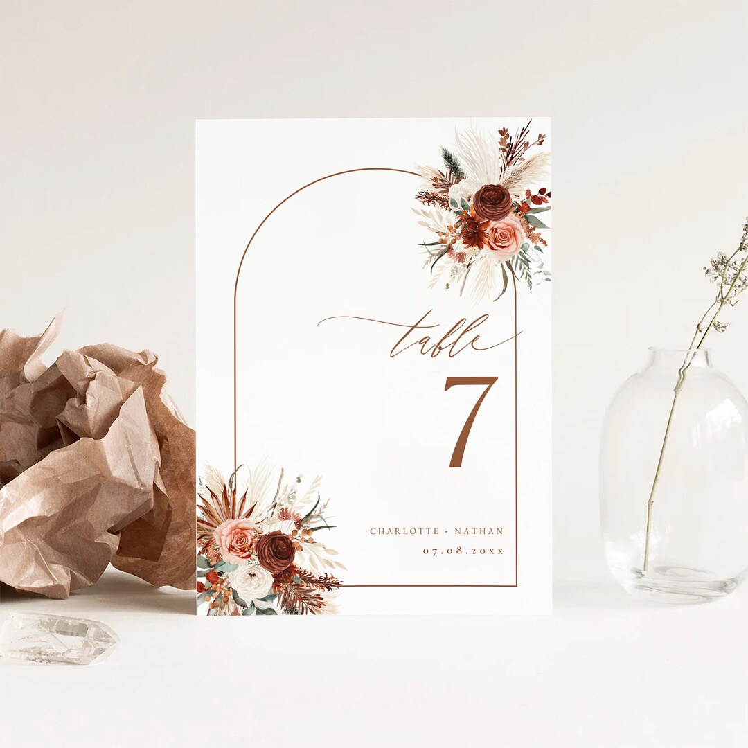 Pampas Wedding Table Numbers Template, Arch Wedding Table Numbers Signs ...