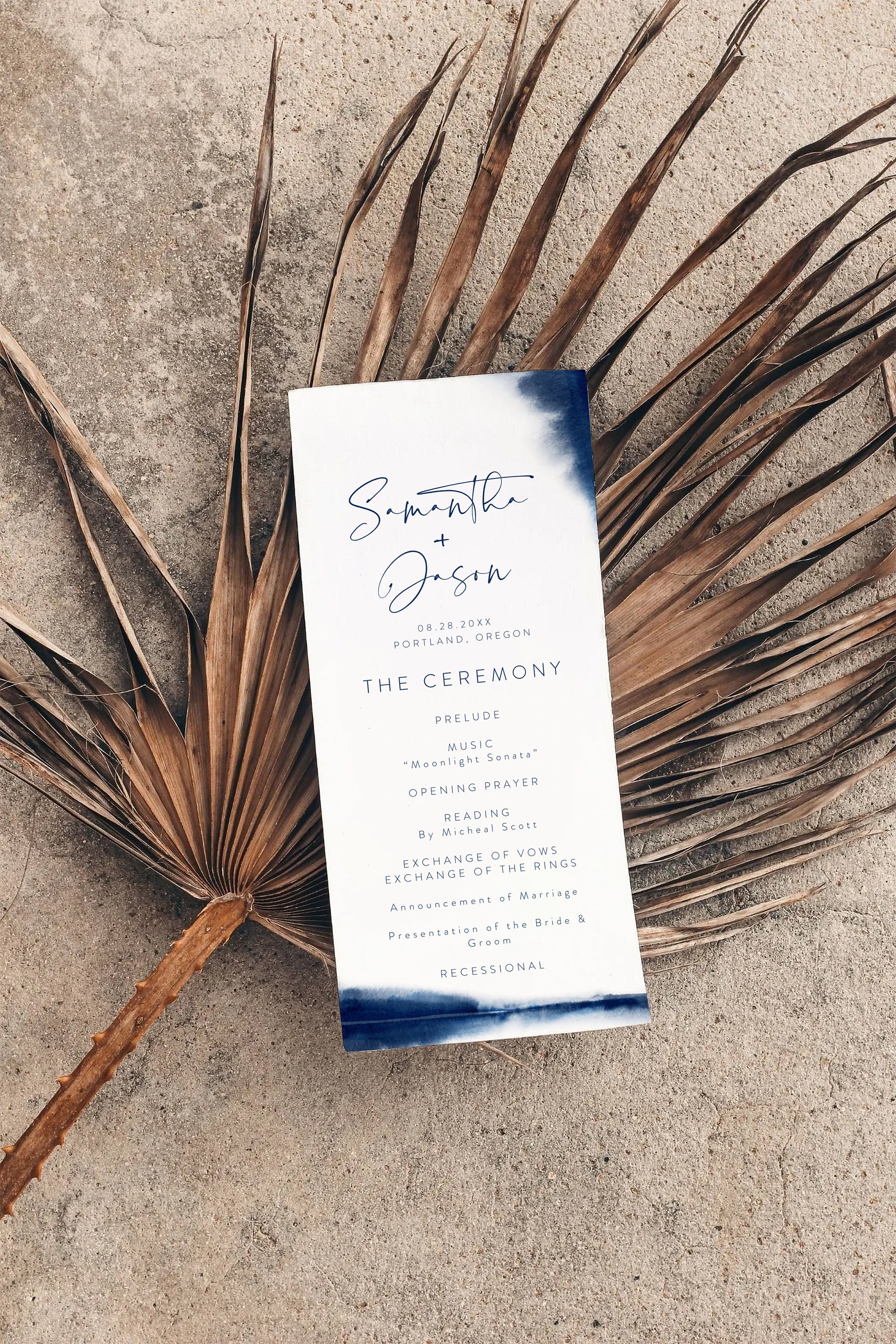 Navy Blue Watercolor Wedding Program Template, Printable Wedding Program, Wedding Day Timeline ...