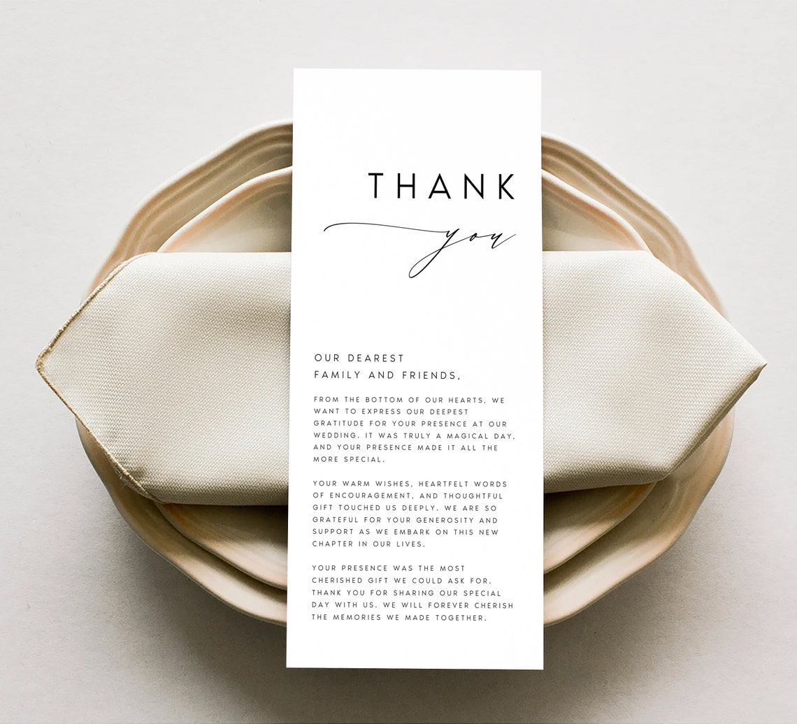 Minimalist Wedding Table Thank You Card Template, Wedding Napkin Note ...