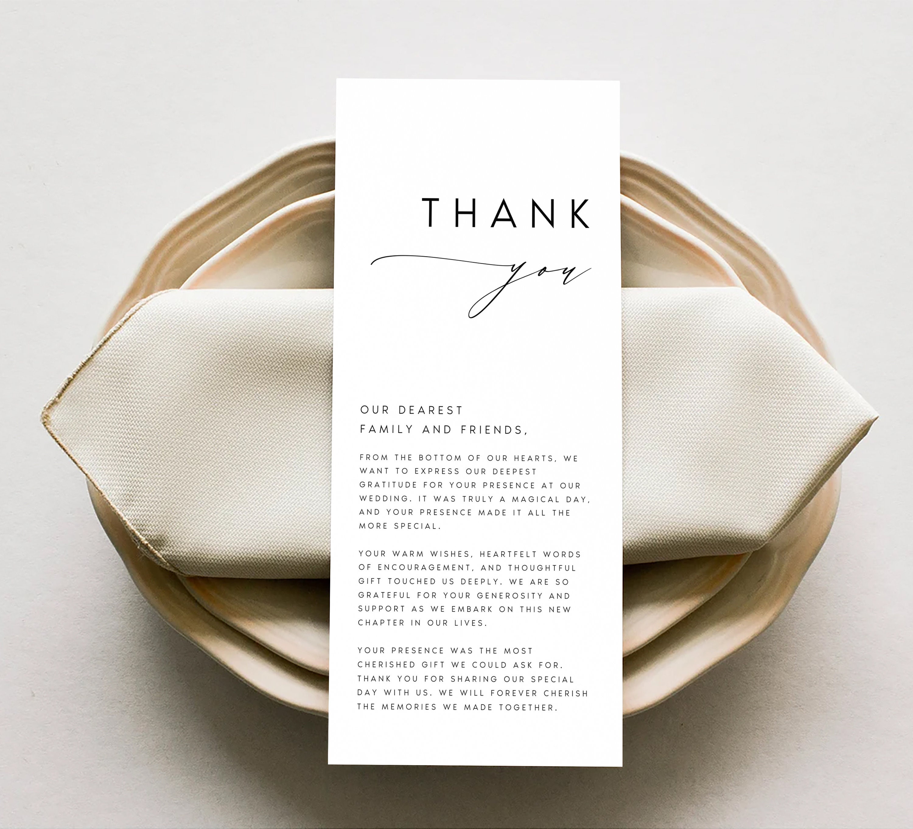 Minimalist Wedding Table Thank You Card Template, Wedding Napkin Note ...