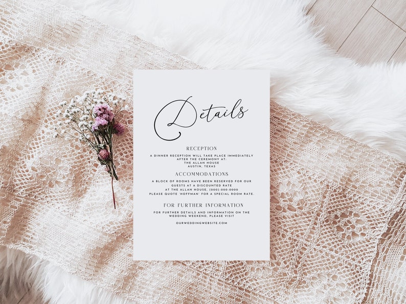 Enclosure Card Template, Calligraphy Wedding Invitation Insert, Simple ...