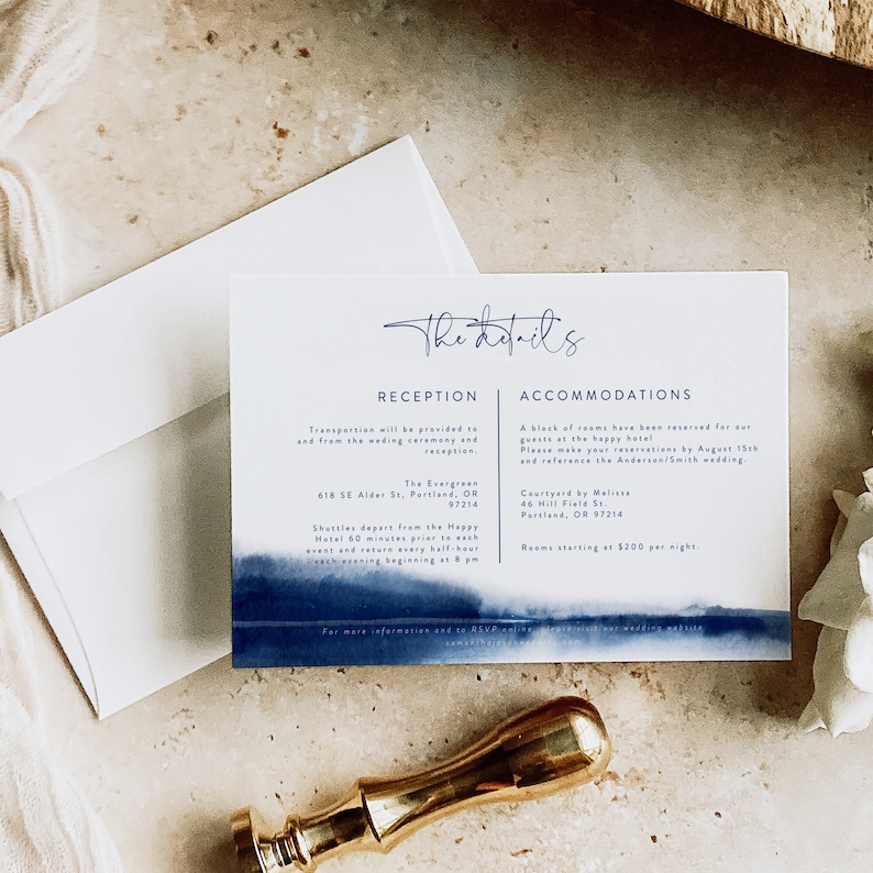 Navy Blue Watercolor Wedding Details Card Template, Accommodations Card Template, Modern Wedding ...