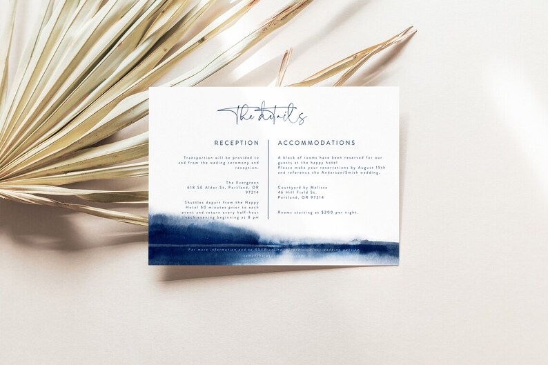 Navy Blue Watercolor Wedding Details Card Template, Accommodations Card Template, Modern Wedding ...