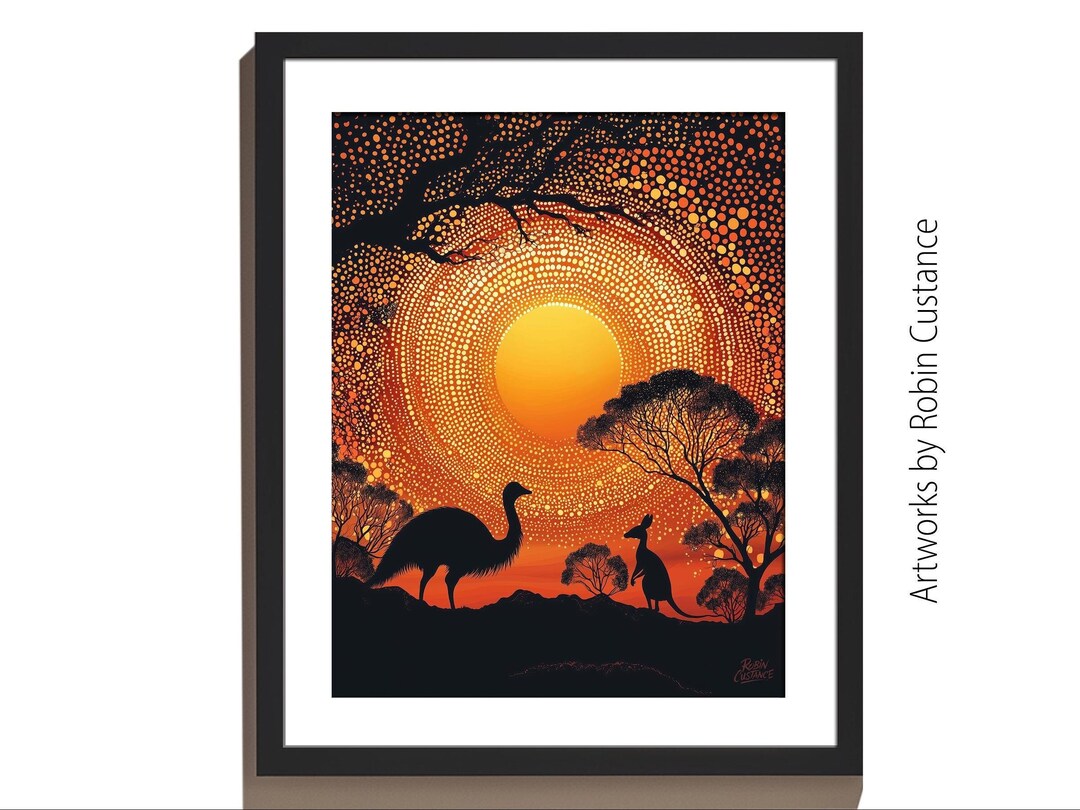 Dreamtime Sunset Emu and Kangaroo Australian Aboriginal Dot Painting by ...