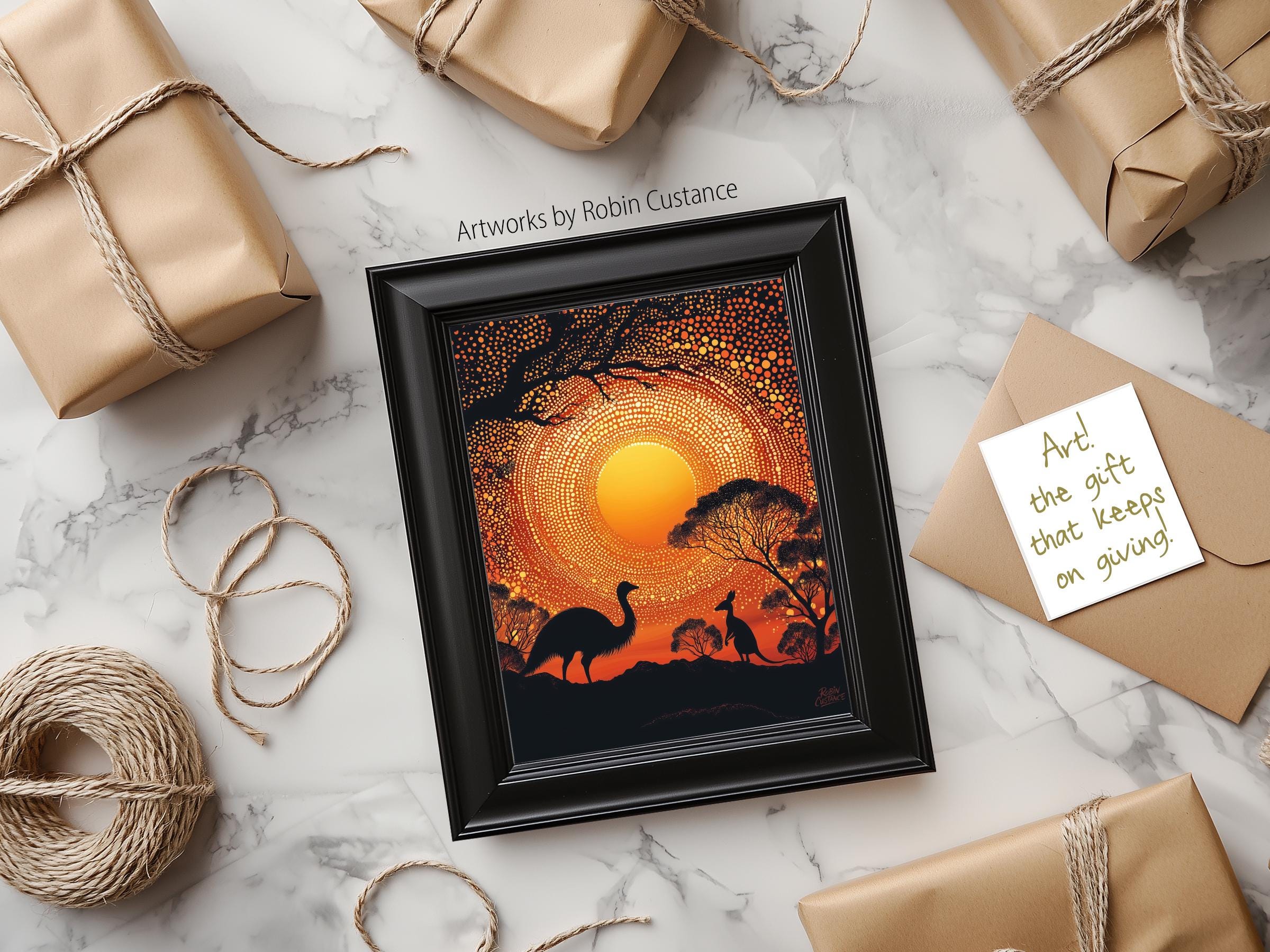 Dreamtime Sunset Emu and Kangaroo Australian Aboriginal Dot Painting by ...