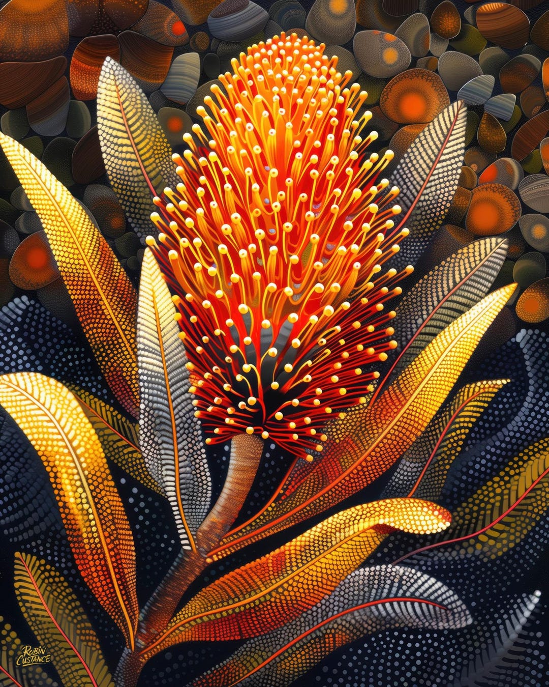 Banksia Bloom Aboriginal Dot Art Digital Print Australian Flower Wall ...