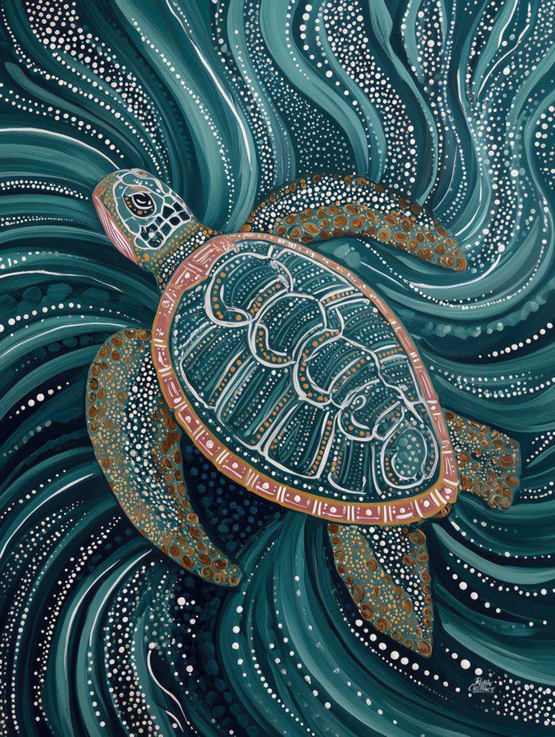 Aboriginal Sea Turtle Art Print, Indigenous Ocean Wall, Coastal Dot ...