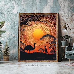 Dreamtime Sunset Emu and Kangaroo Australian Aboriginal Dot Painting by ...