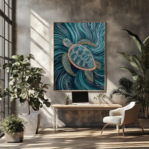Aboriginal Sea Turtle Art Print, Indigenous Ocean Wall, Coastal Dot ...