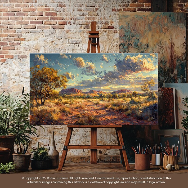 Aboriginal Painting of Outback Australian Landscape at Golden Hour ...