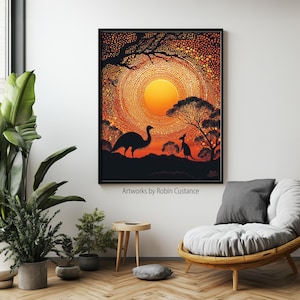 Dreamtime Sunset Emu and Kangaroo Australian Aboriginal Dot Painting by ...