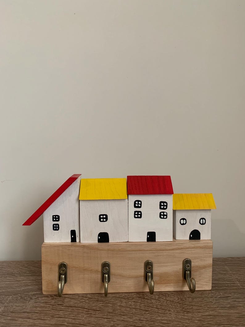 Reclaimed Wood Key Holder: Colorful House Design, 4 Metal Hooks - Etsy