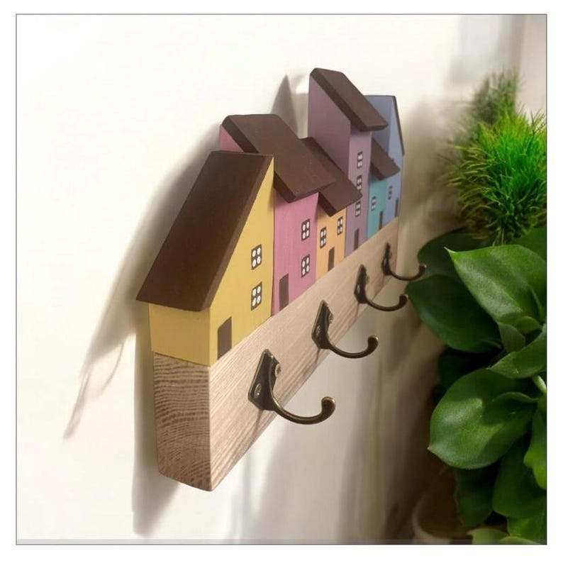 Cute Large Wood Key Holder: Colorful House Design, Entryway Organizer ...