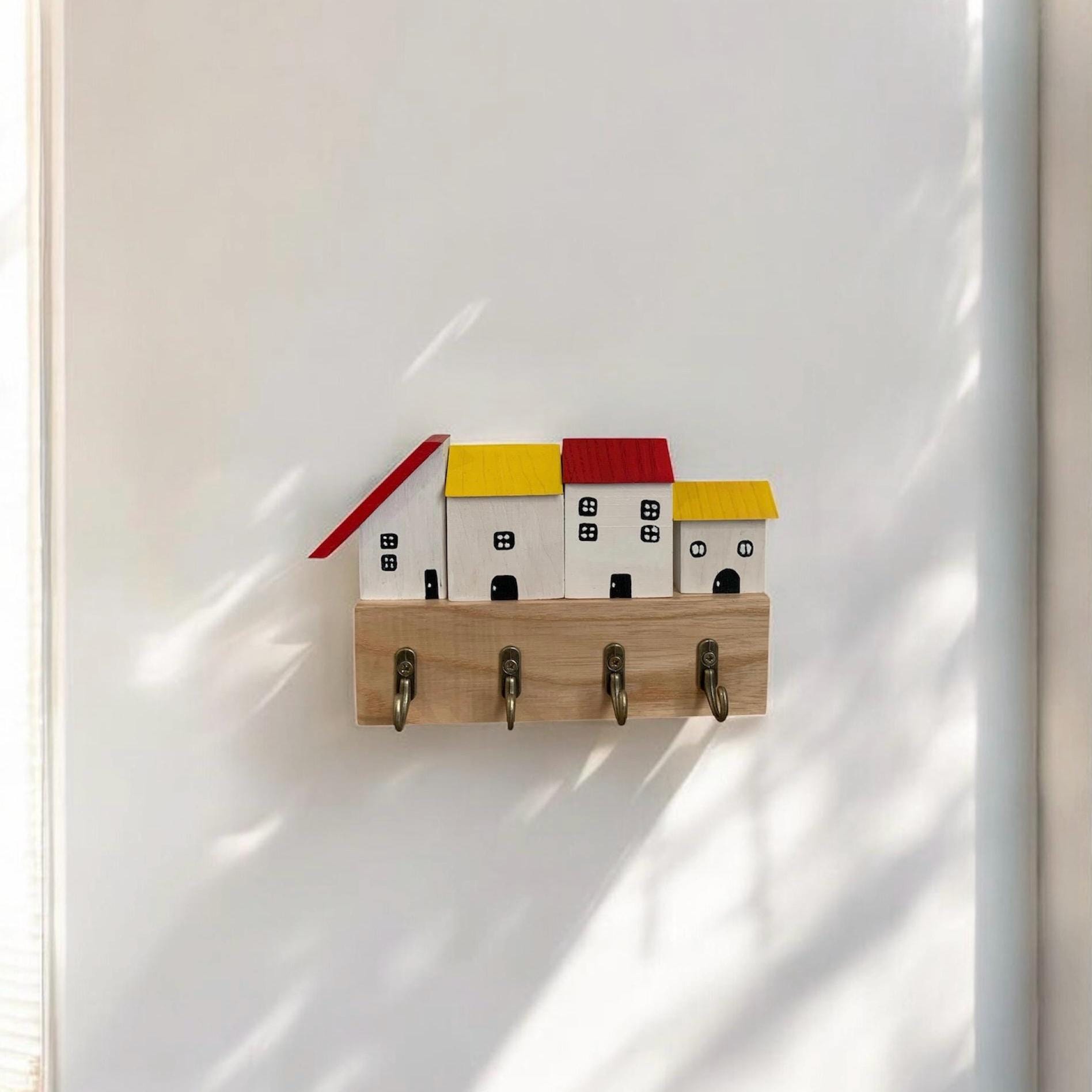 Reclaimed Wood Key Holder: Colorful House Design, 4 Metal Hooks - Etsy