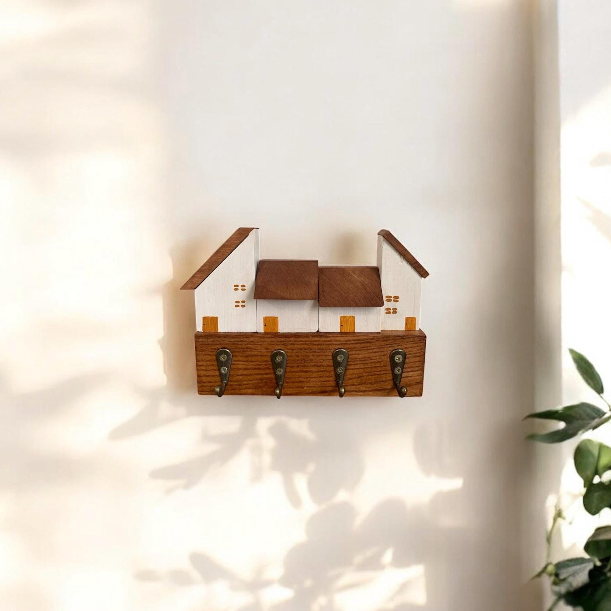 Reclaimed Wood Key Holder: Colorful House Design, 4 Metal Hooks - Etsy