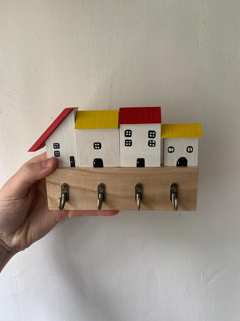Reclaimed Wood Key Holder: Colorful House Design, 4 Metal Hooks - Etsy