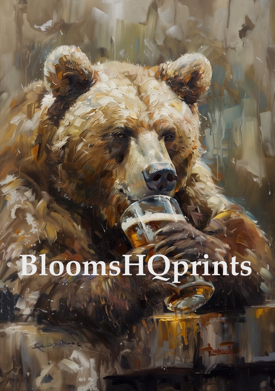 Bear Drinking Beer Art Print, Vintage Digital Oil Painting, Wall Art ...
