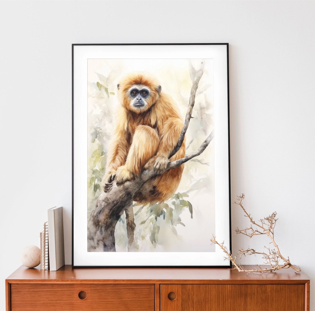 Retro Animal Portrait Gibbon, Digital Watercolour Print for Wall Art ...